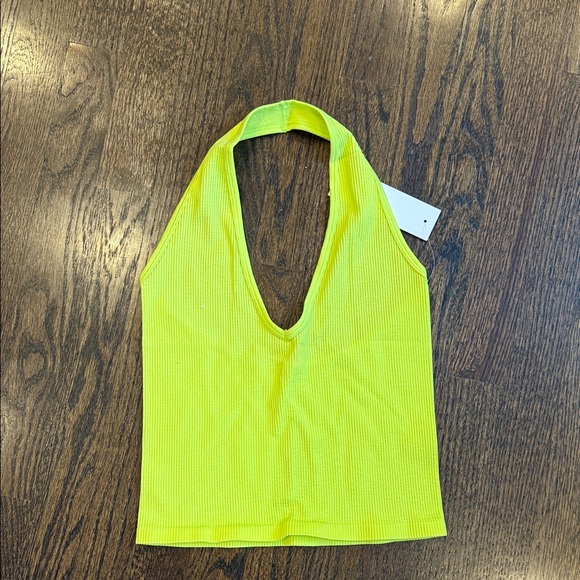 Amazon | Tops | Vibrant Yellow Halter Top Fitted Crop Stretchy Layers ...
